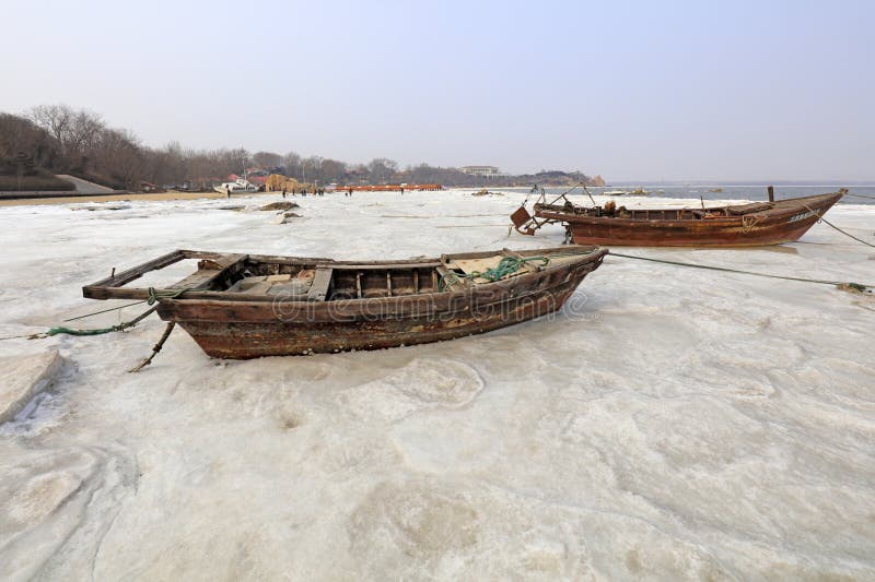 Fishing Boat in the Ice and Snow Stock Photo - Image of wooden ...