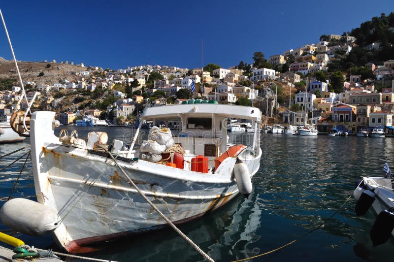 Fishing Boat on the Island of Symi Stock Image - Image of cabin, water ...