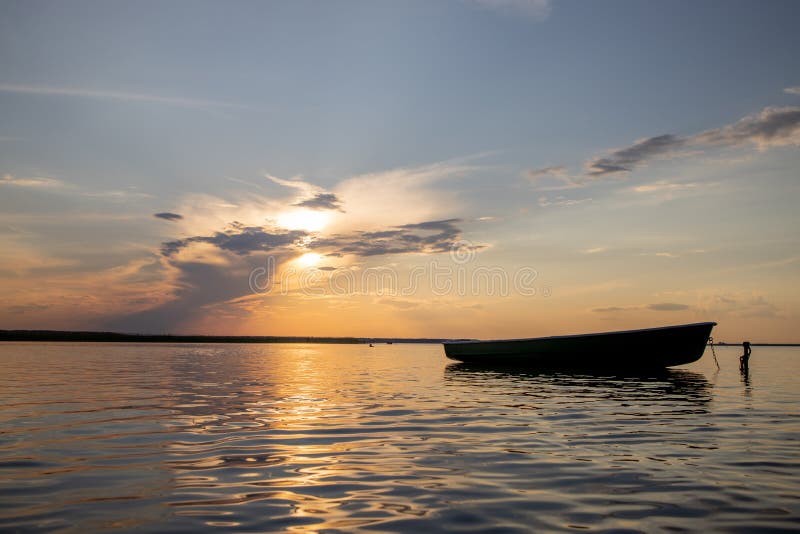 Fishing Boat at the Lake on Sunset Stock Image - Image of outdoors ...