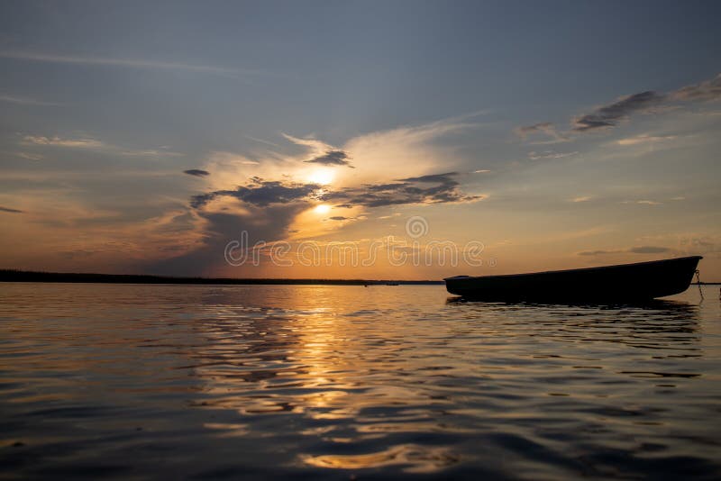 Fishing Boat at the Lake on Sunset Stock Image - Image of boat ...