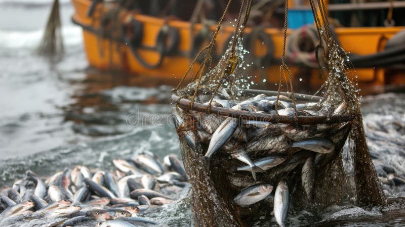 A Fishing Boat Lifts Nets with a Large Catch of Fish Stock Photo ...