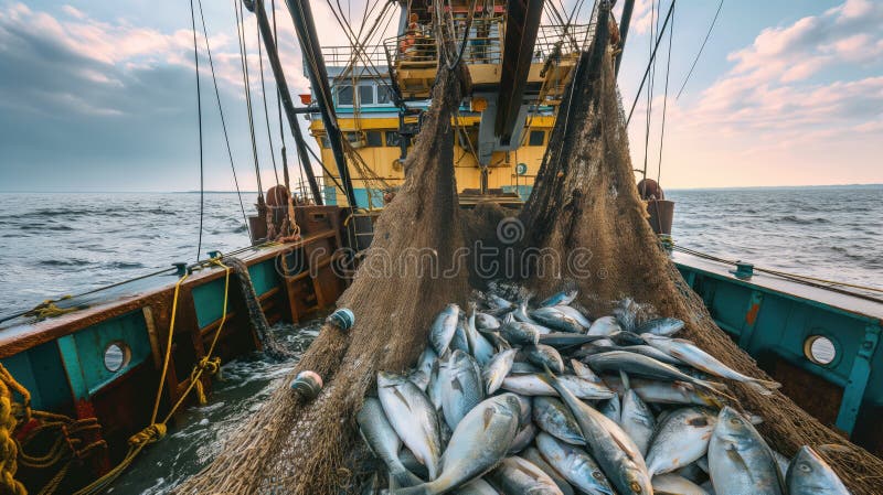 A Fishing Boat Lifts Nets with a Large Catch of Fish Stock Photo ...