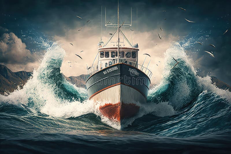 Fishing Boat in Litter, High Waves and Spray. Generative AI Stock ...