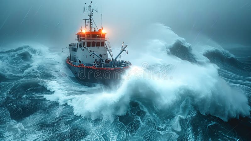 Fishing Boat in the Middle of a Big Storm at Sea Stock Illustration ...