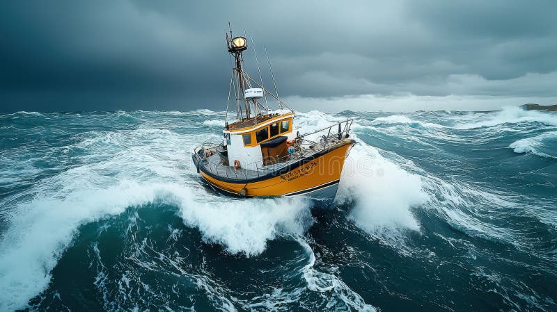 Fishing Boat Navigates through Stormy Seas with Dramatic Waves Stock ...
