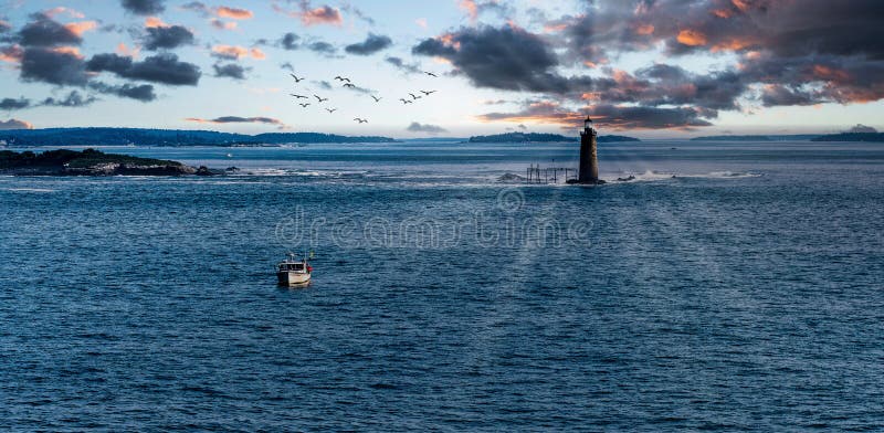 Fishing Boat Near Lighthouse Stock Photo - Image of beacon, bird: 269272574