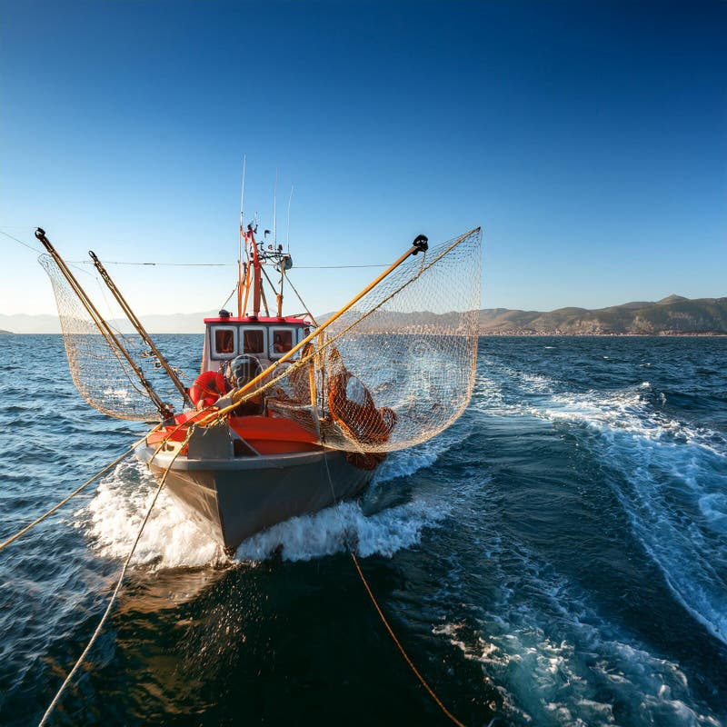 A Fishing Boat with a Net on it is in the Water Stock Image - Image of ...