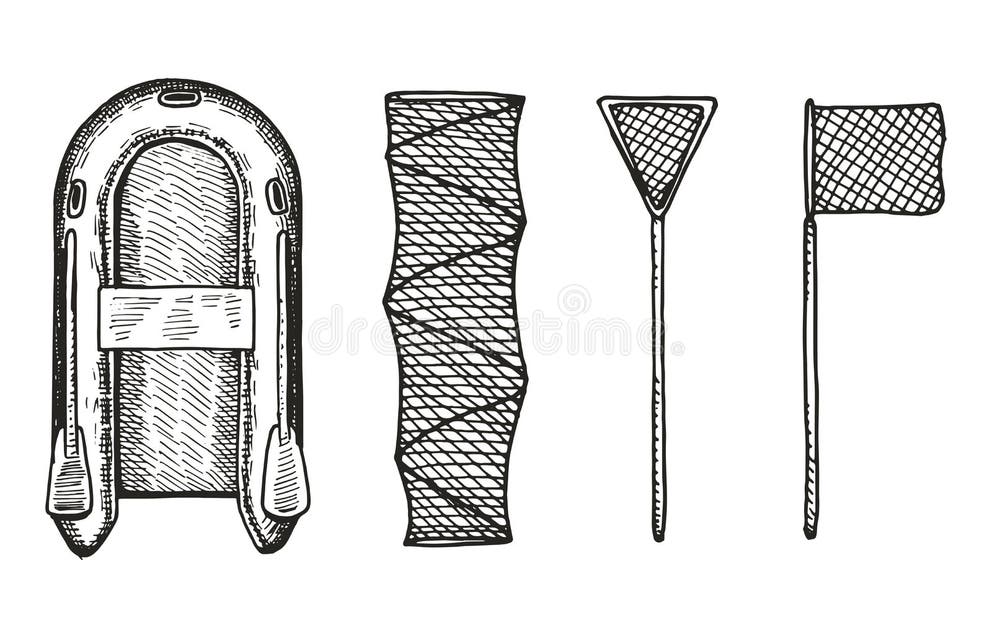 Fishing Boat and Nets Vector Hand Drawing Set Stock Vector ...