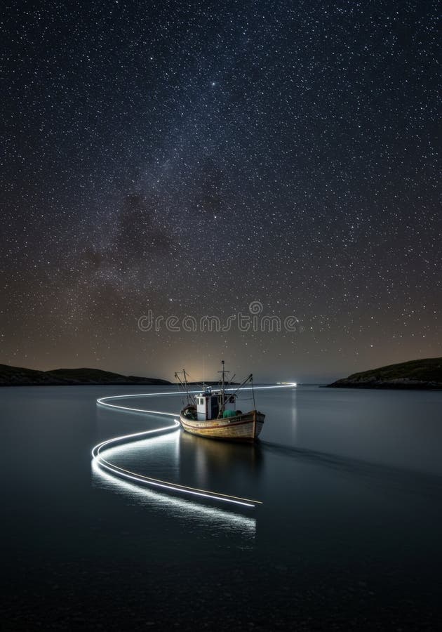 Fishing Boat at Night Under a Starry Sky Stock Illustration ...