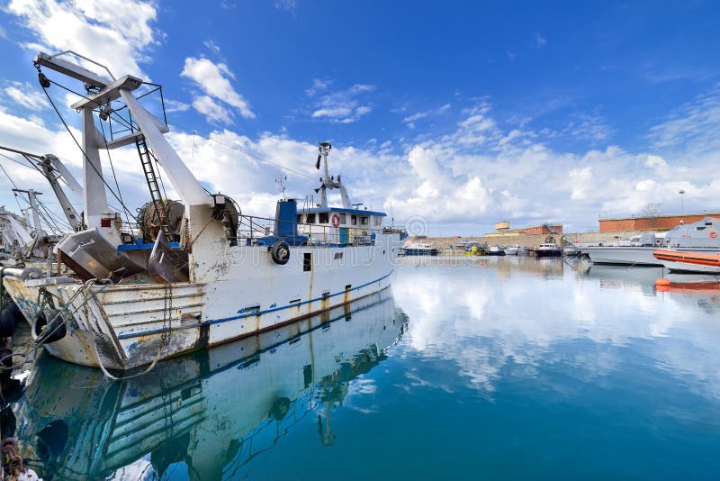 Fishing boat port anchored stock photo. Image of fish - 137520310