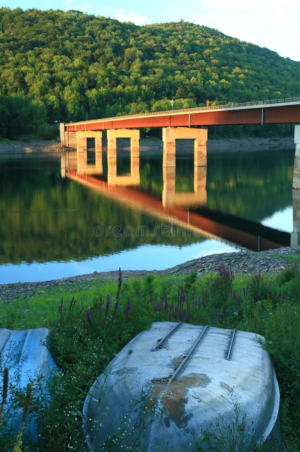 Fishing Boat and Reservoir Bridge Stock Image - Image of trees, york ...