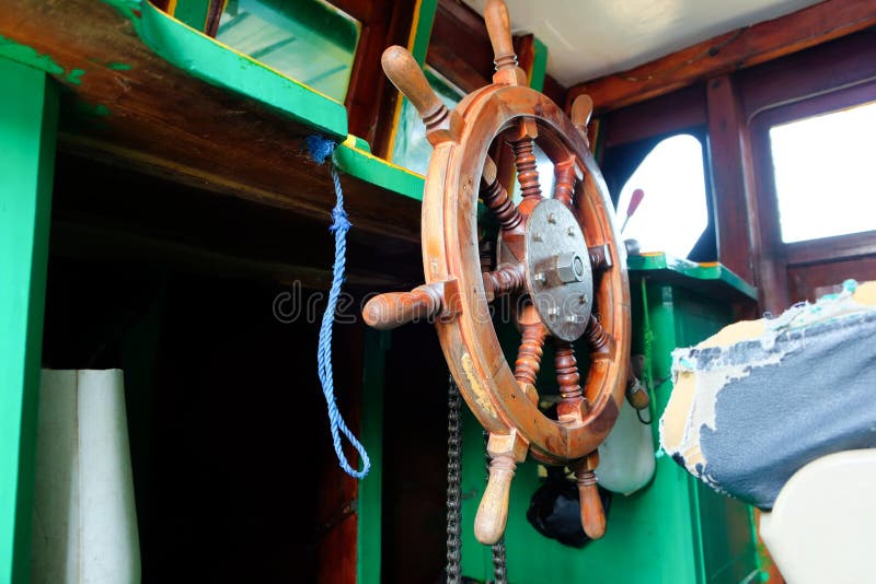 Fishing Boat Round Steering Wheel Stock Photo - Image of nautical ...