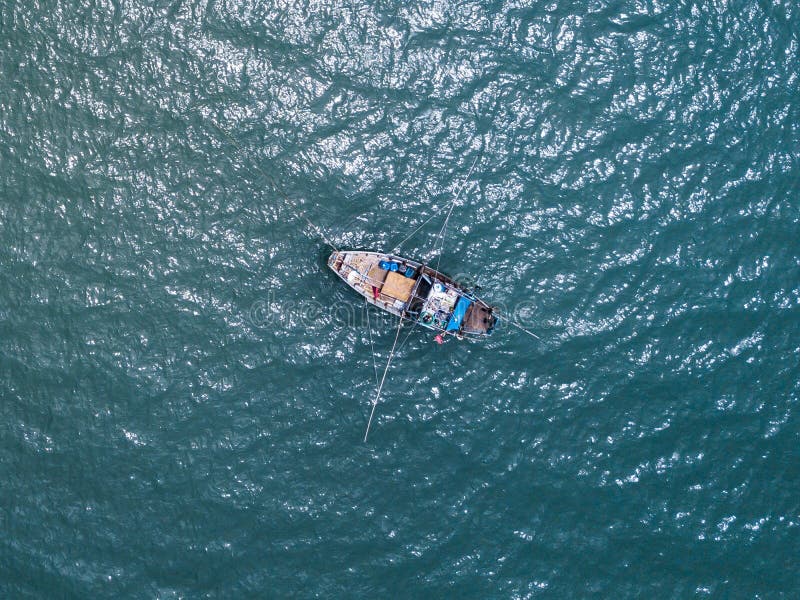 Fishing Boat in the Sea. Bird Eye View from Drone Stock Image - Image ...