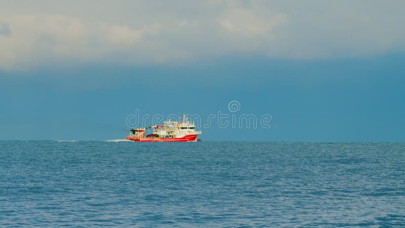 Fishing Boat on Sea. Fishing Ship in Sea. Small Boat Float. Static View ...