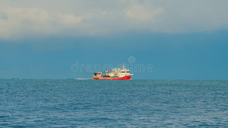 Fishing Boat on the Sea. Small Ship Floats on Sea Surface. Static View ...