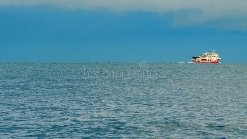 Fishing Boat on the Sea. Small Ship Floats on Sea Surface. Static View ...