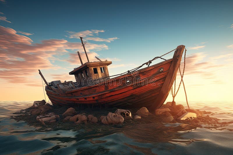 Fishing Boat in the Sea at Sunset. 3d Render Illustration, Wreck of a ...