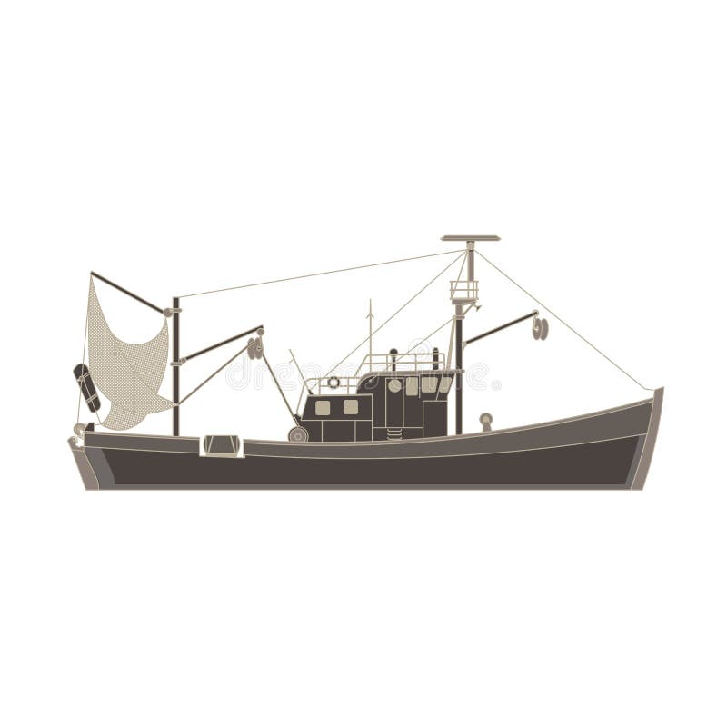 Fishing Boat Side View Monochrome Flat in Gray Color Theme Stock Vector ...