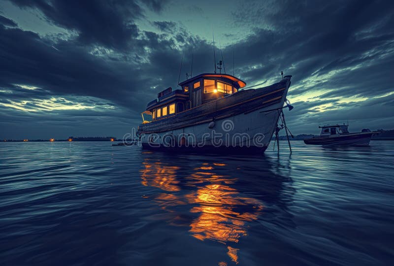 A Fishing Boat and Sky at Night Stock Image - Image of night, water ...
