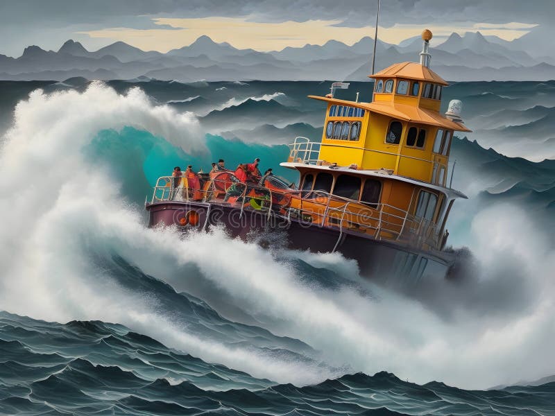 Fishing Boat, Storm, Big Waves, Modernist Illustrations. Stock ...
