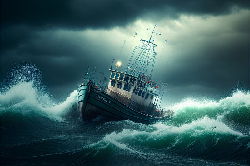 Fishing Boat in Stormy Sea, 3d Render Illustration. Stock Illustration ...