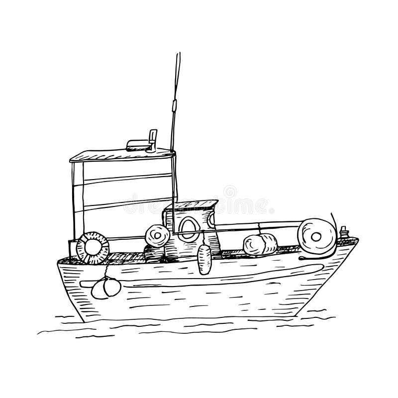 Fishing Boat on Water. Hand Drawn Black Vector Image. Stock Vector ...