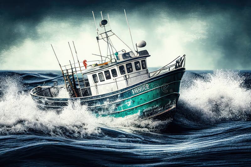 Fishing Boat on Waves during Storm. Generative AI Stock Illustration ...