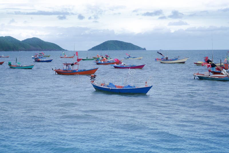 Fishing Boats Float on the Sea on a Beautiful Blue Sky Stock Image ...