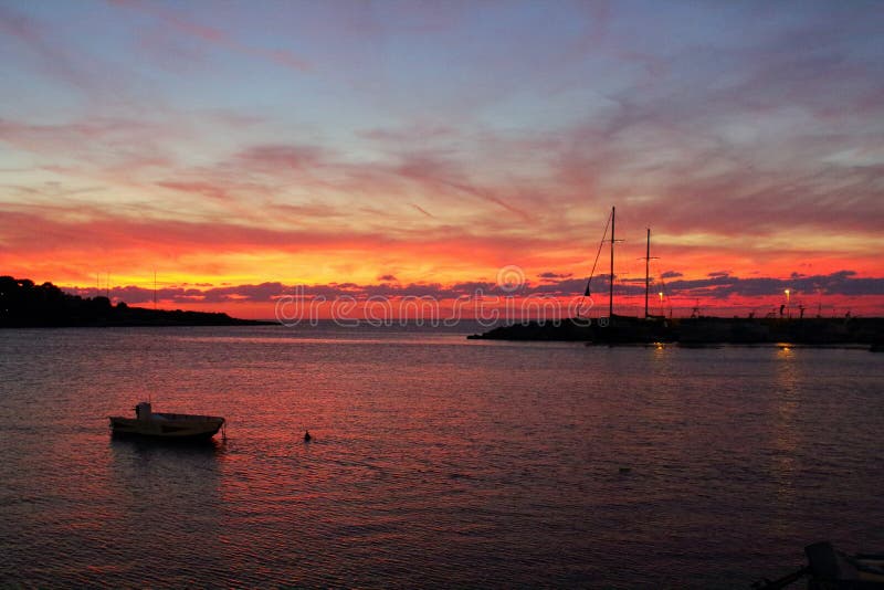 Fishing Boats at Sunset in Port Stock Photo - Image of blue, pier ...