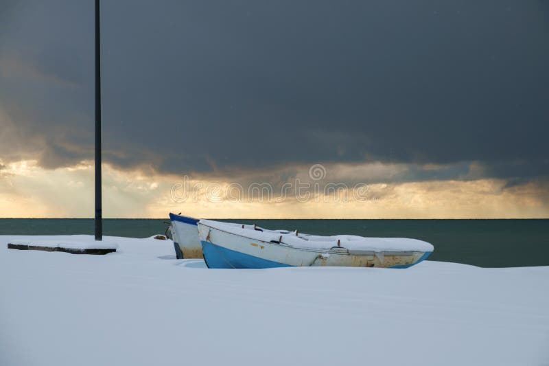 Fishing boats at winter stock image. Image of fisherman - 128319991