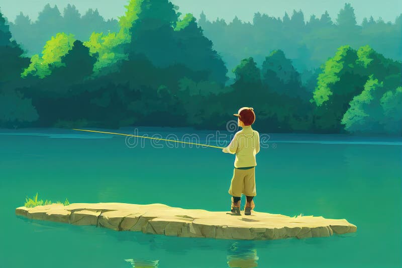 Fishing Cartoon Scene at the Lake, Ai Generated Image Stock ...