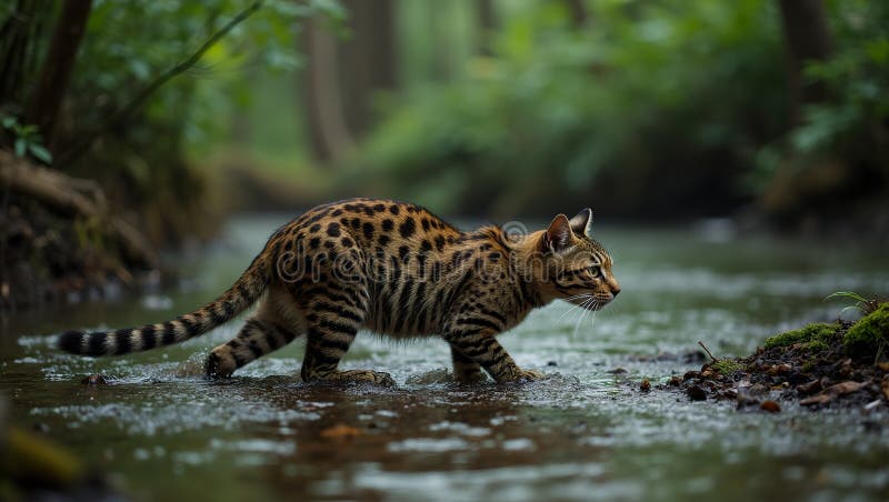 Fishing Cat in Stream Camouflaged in Shadows Stock Illustration ...