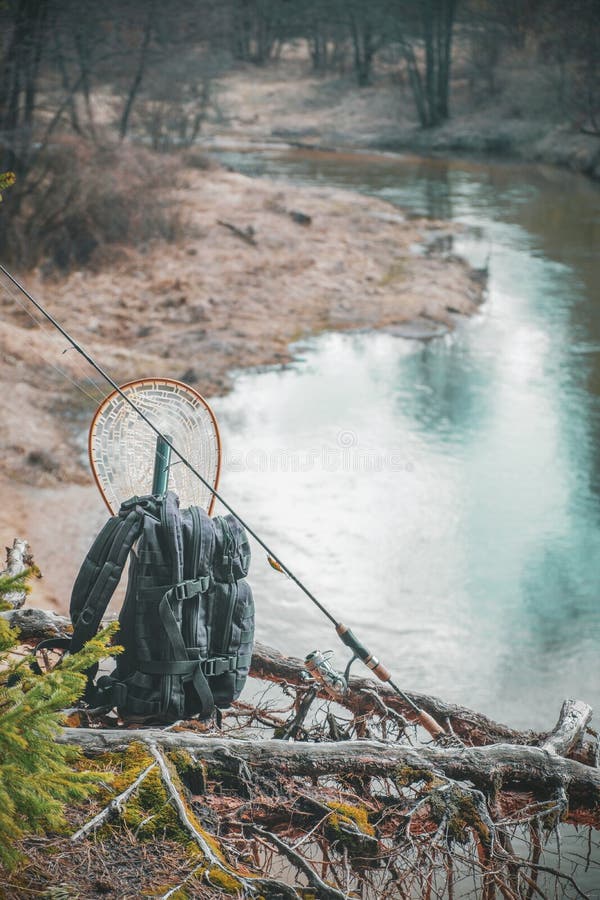 Fishing Equipment Close-up on the Riverbank Stock Photo - Image of ...