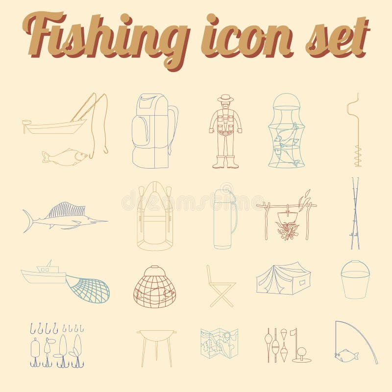 Fishing Equipment Icon Set. Outline Version Stock Vector - Illustration ...