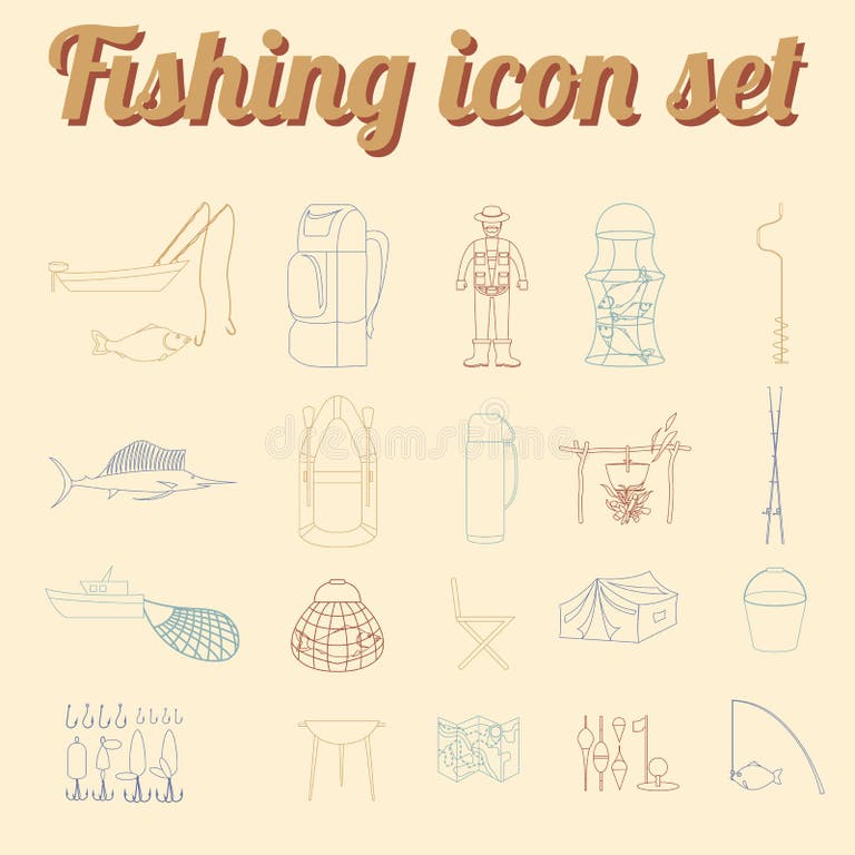 Fishing Equipment Icon Set. Outline Version Stock Vector - Illustration ...