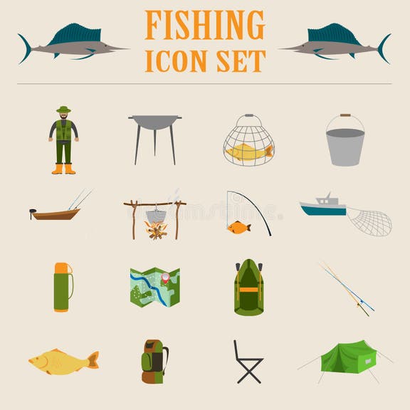 Fishing equipment icon set stock vector. Illustration of equipment ...