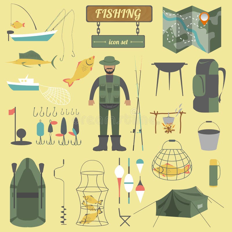 Fishing equipment icon set stock vector. Illustration of blast - 53150093