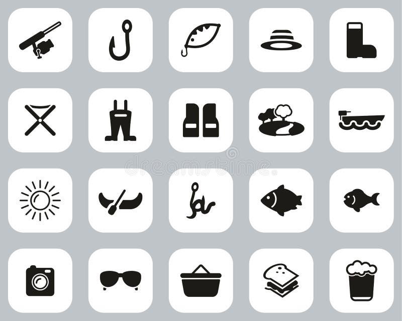 Fishing & Fishing Equipment Icons Black & White Flat Design Set Big ...