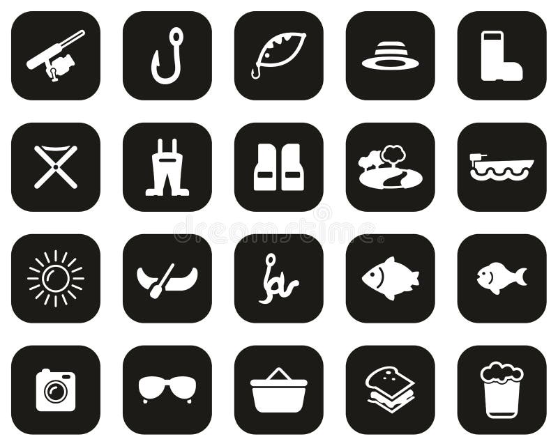 Fishing & Fishing Equipment Icons White on Black Flat Design Set Big ...