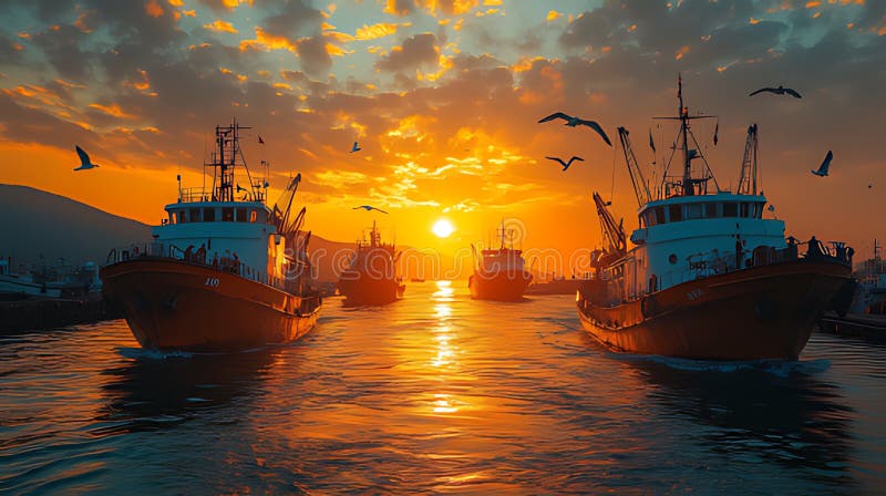 Fishing Fleet Returning Harbor Sunset Stock Illustration - Illustration ...