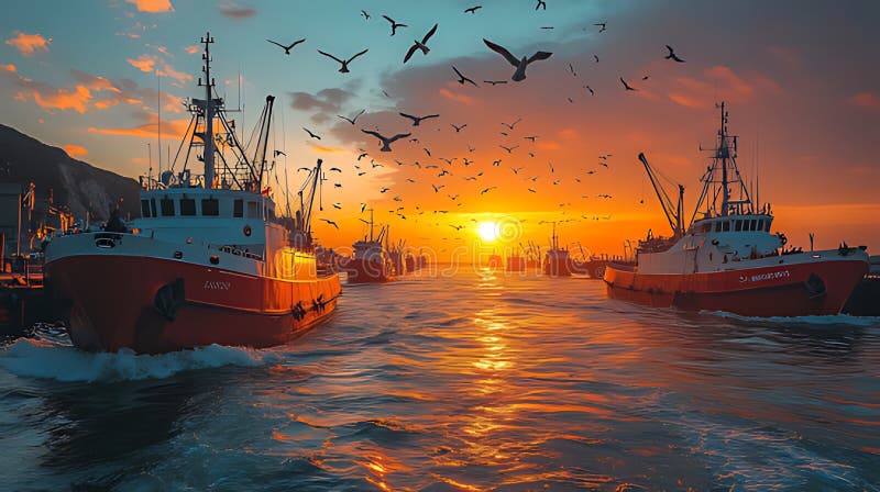 Fishing Fleet Returning Sunset Harbor Birds Sea Stock Illustration ...