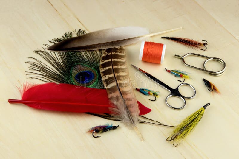 Fishing Fly Tying Materials and Tools on a Wooden Surface Stock Image ...