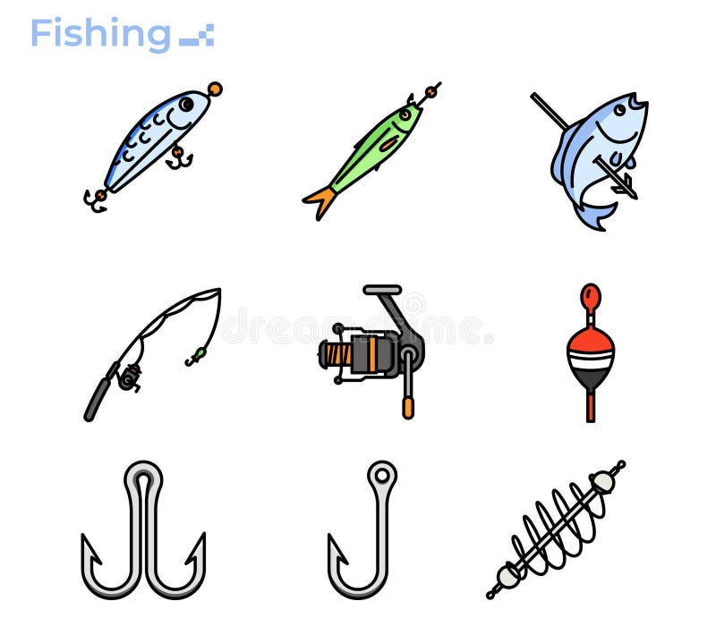 Fishing Gear Filled Outline Icon Set Stock Illustration - Illustration ...