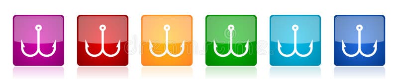 Fishing Hook Icon Set Square Glossy Vector Buttons in 6 Colors Options ...