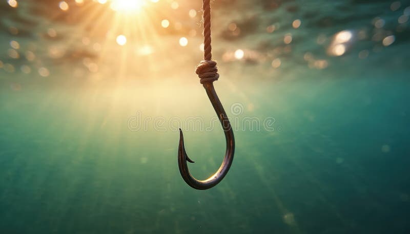 Fishing Hook on String Underwater. Clear Sea Water Background with Sun ...