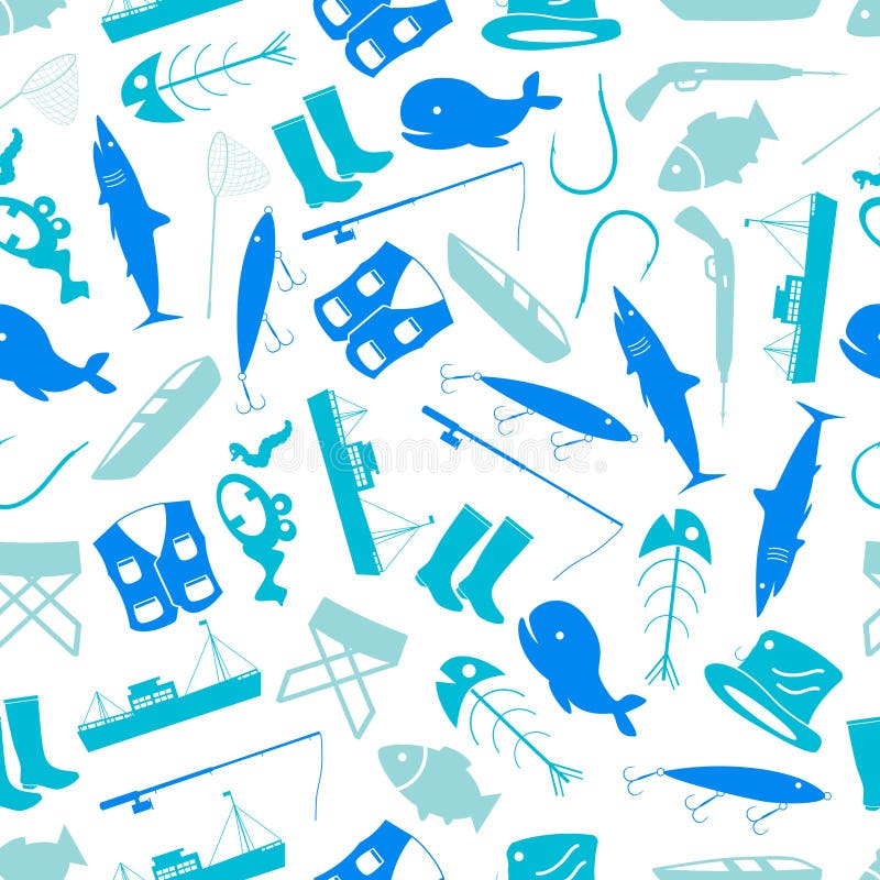 Fishing Icons Blue and White Pattern Stock Vector - Illustration of ...