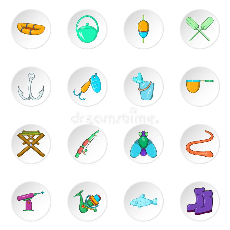 Fishing Icons, Cartoon Style Stock Vector - Illustration of bobbin ...