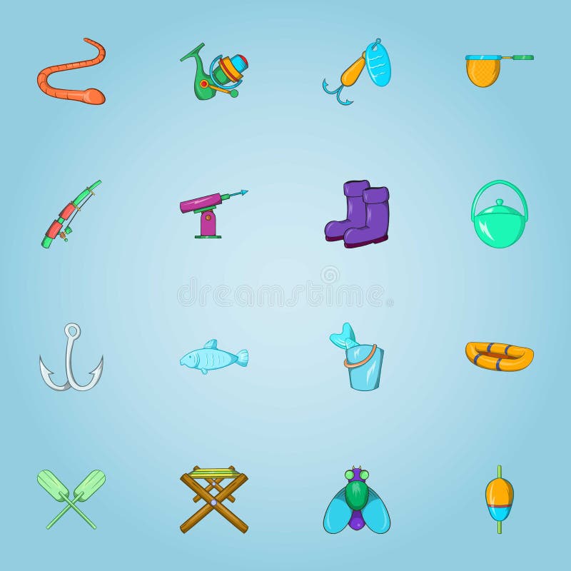Fishing Icons Set, Cartoon Style Stock Vector - Illustration of boat ...