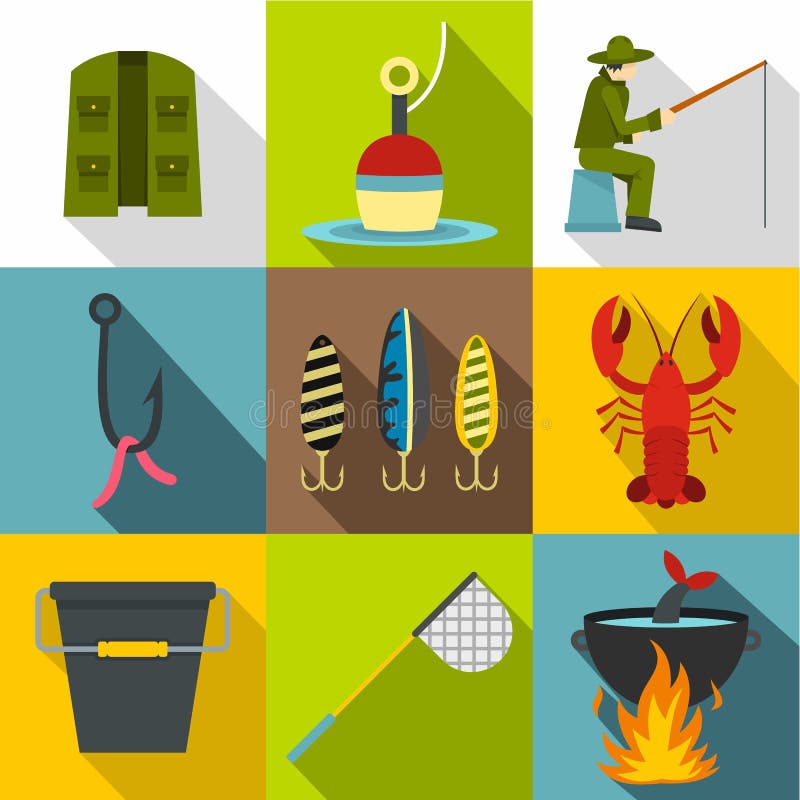 Fishing Icons Set, Flat Style Stock Vector - Illustration of hunt ...