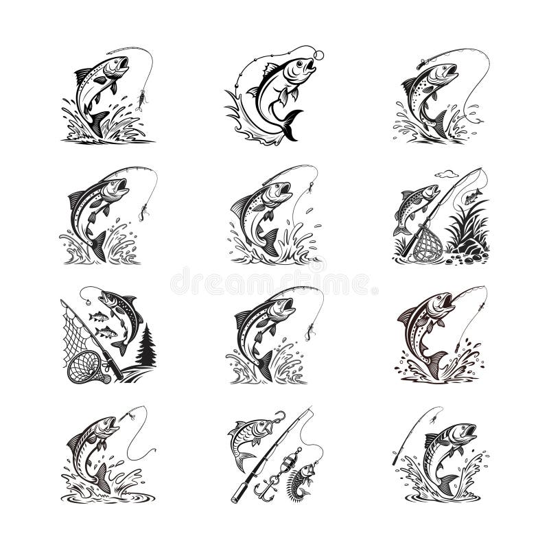 Fishing Illustrations Collection: Dynamic Fish Hook, Catch, and Fishing ...
